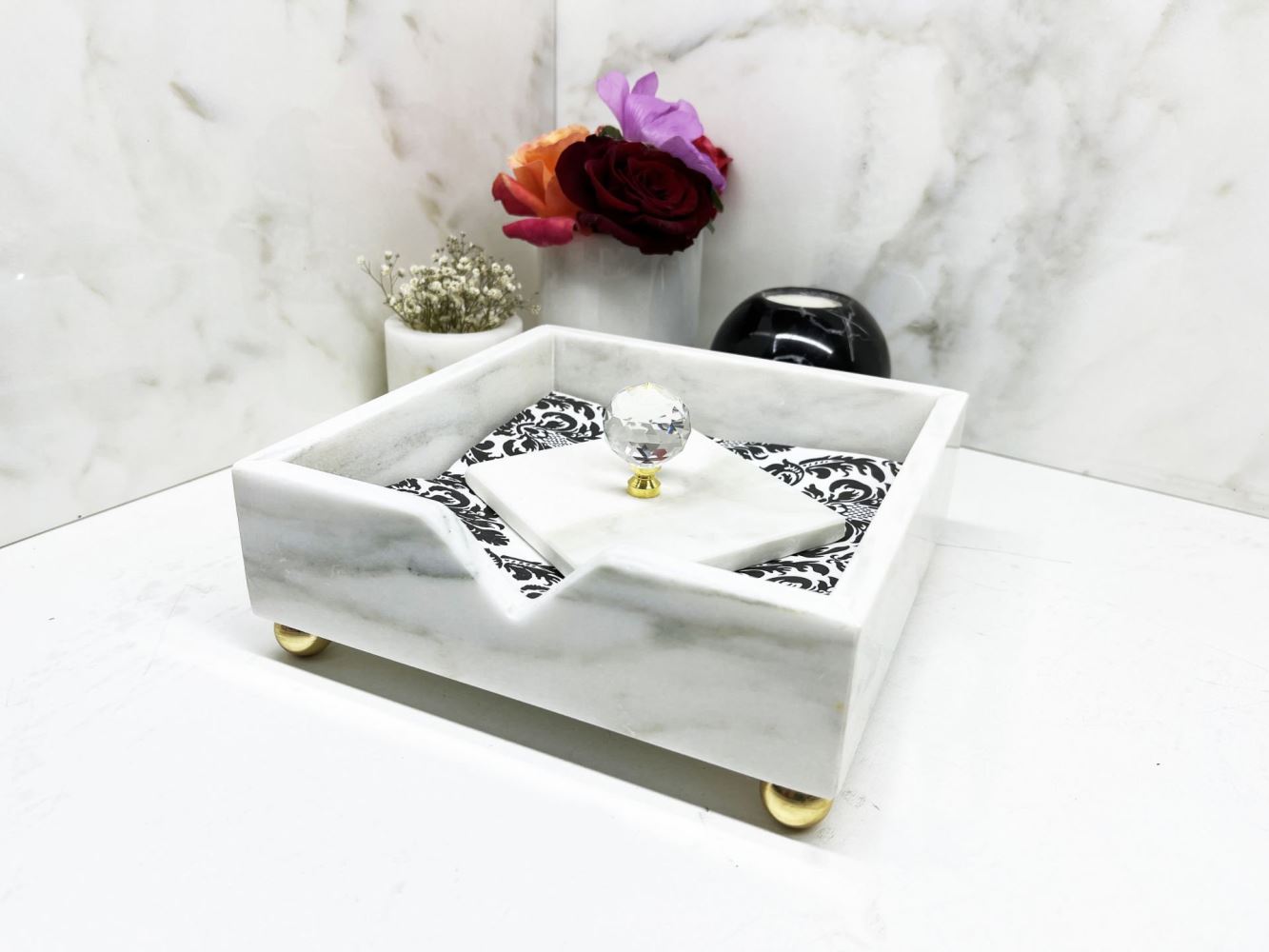 Modest Concept Natural Marble Napkin Holder with Crystal Object.